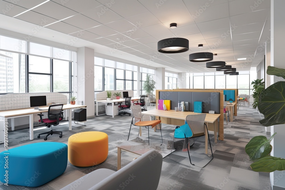 collaborative open office space with flexible workstations, comfortable ...