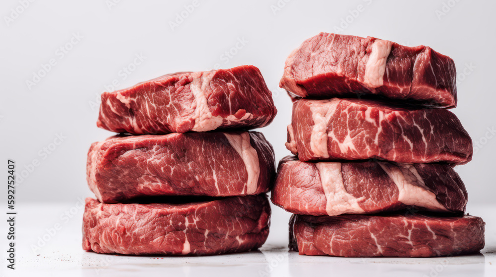 high stack of raw beef steaks, photo magazine quality, white background ...