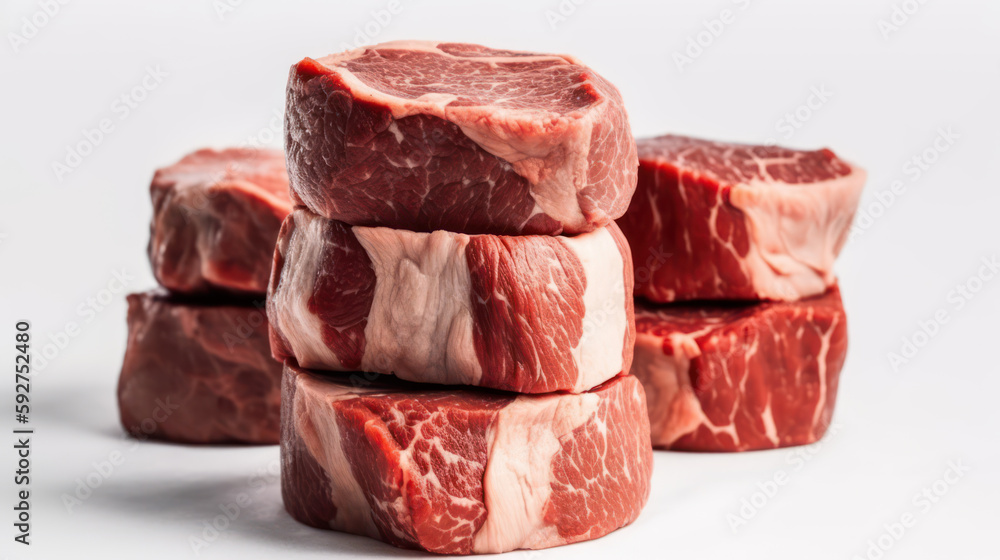 high stack of raw beef steaks, photo magazine quality, white background ...