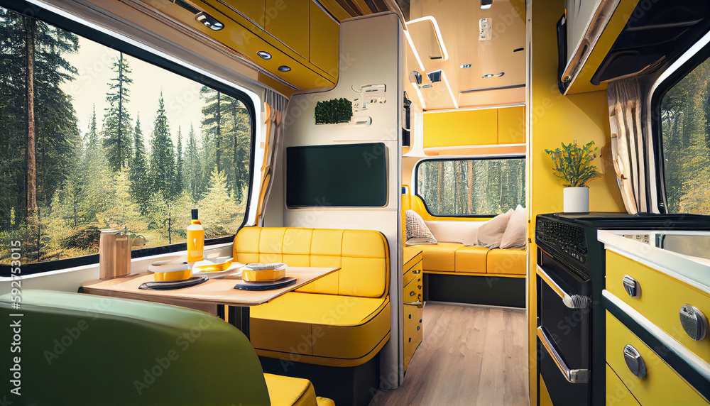 Motorhome, camper interior. Autotravel concept. Artificial intelligence ...