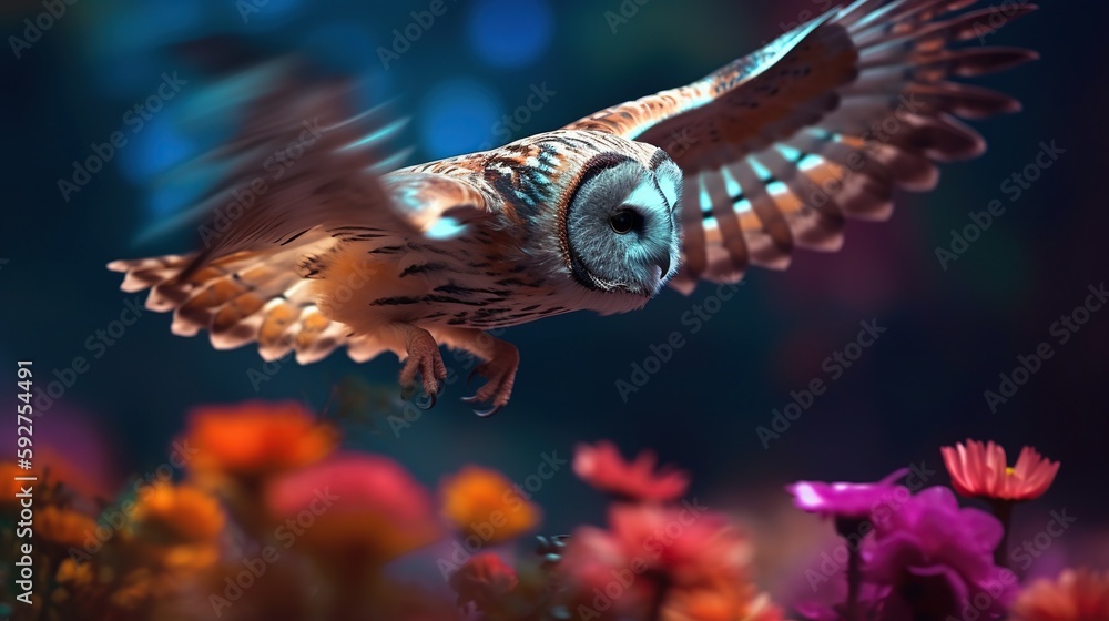 Stunning illustration of flying owl on spring field full of bright wild ...