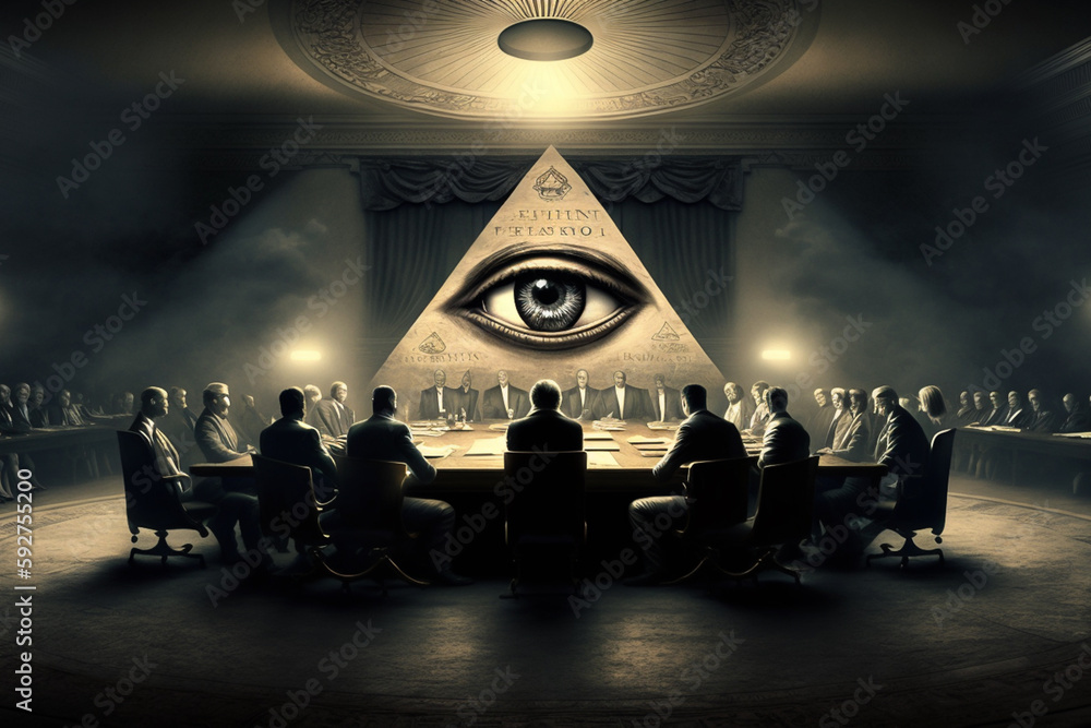 Poster Illuminati meeting, all seeing eye pyramid, concept of secret societies, elite r – Quadro ...