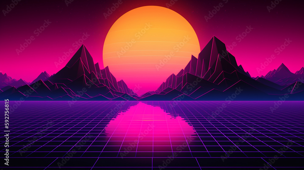 Synthwave retro cyberpunk style landscape background banner or ...