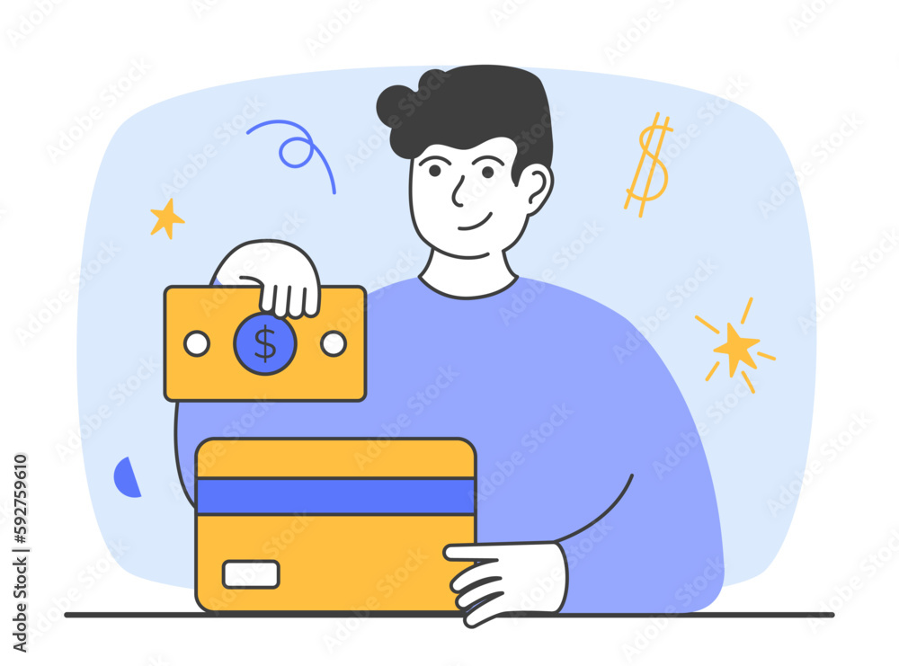 Online payment man witg card and dollar, scene in the flat cartoon ...