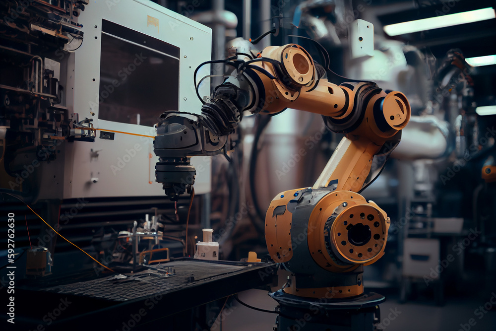 Robot arm working in assembly line industry. manufacturing factory ...