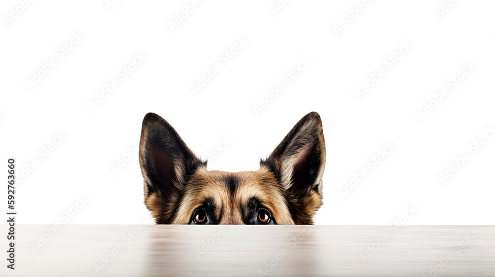 German Shepherd dog peeking out from behind a white table, on white ...