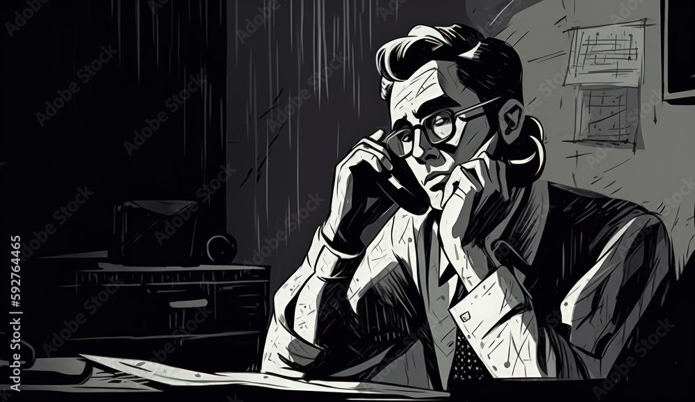 Cartoon Image of a Businessman Sitting at His Office Desk, Talking on ...