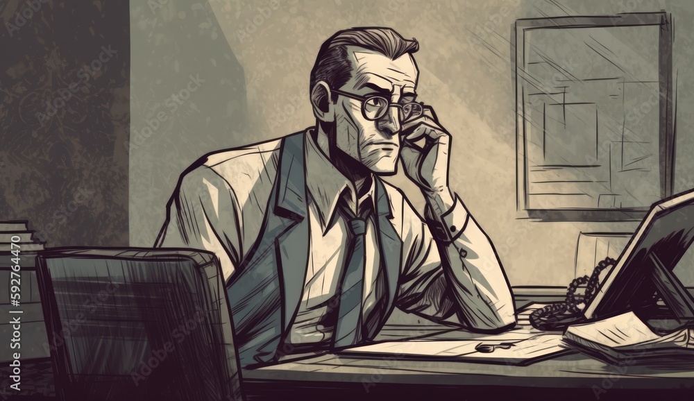 Cartoon Image of a Businessman Sitting at His Office Desk, Talking on ...