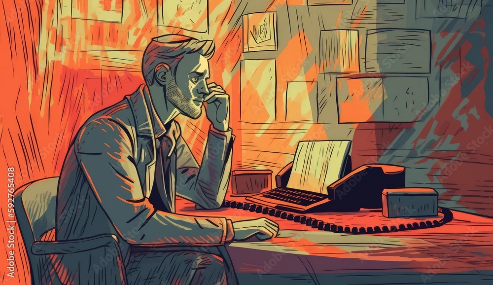 Cartoon Image of a Businessman Sitting at His Office Desk, Talking on ...