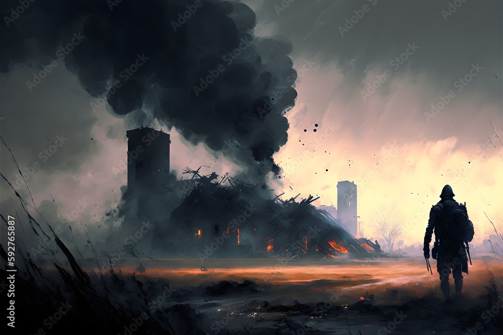 Meadows ruined by war Small black smoke billows from everywhere ...