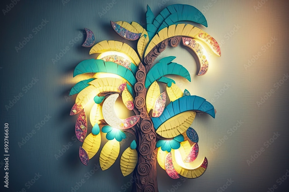 On a dazzling background, a hand-made banana tree with a flawless ...