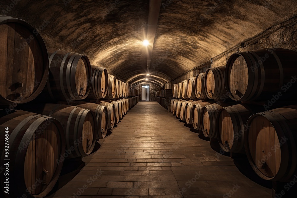The Charm of Italy's Finest: A Winery's Dark Storage Cellar with Wooden ...