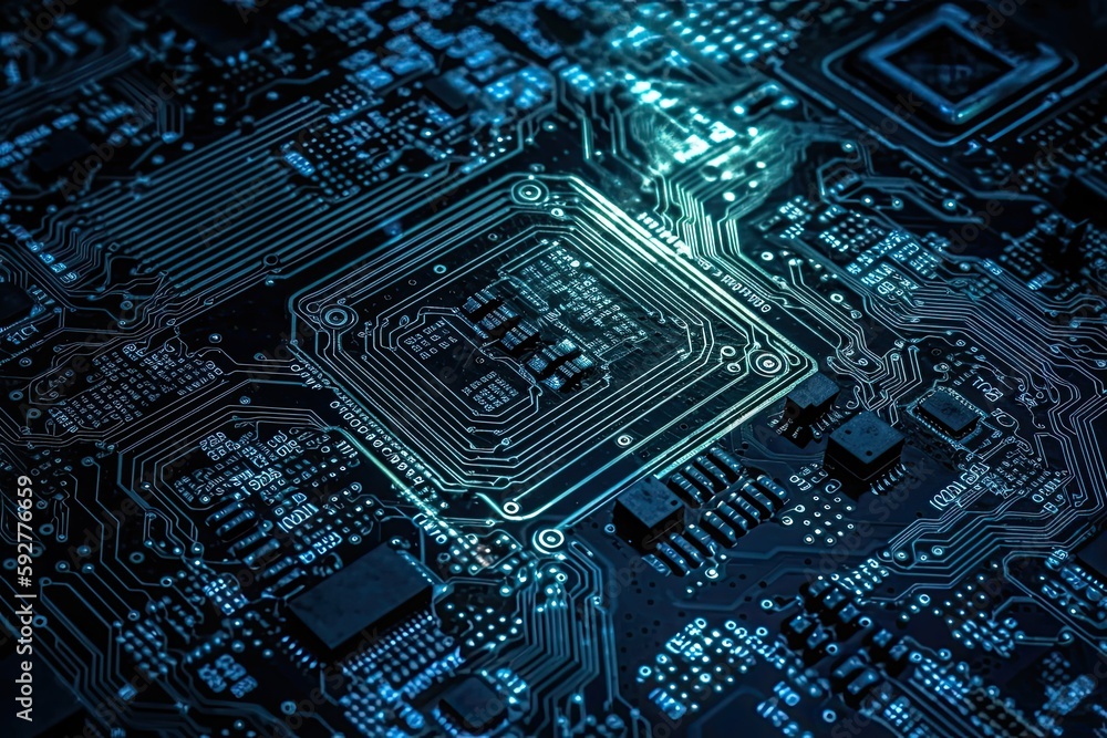 Technology Revolution: Printed Circuit Board on Blue Background ...