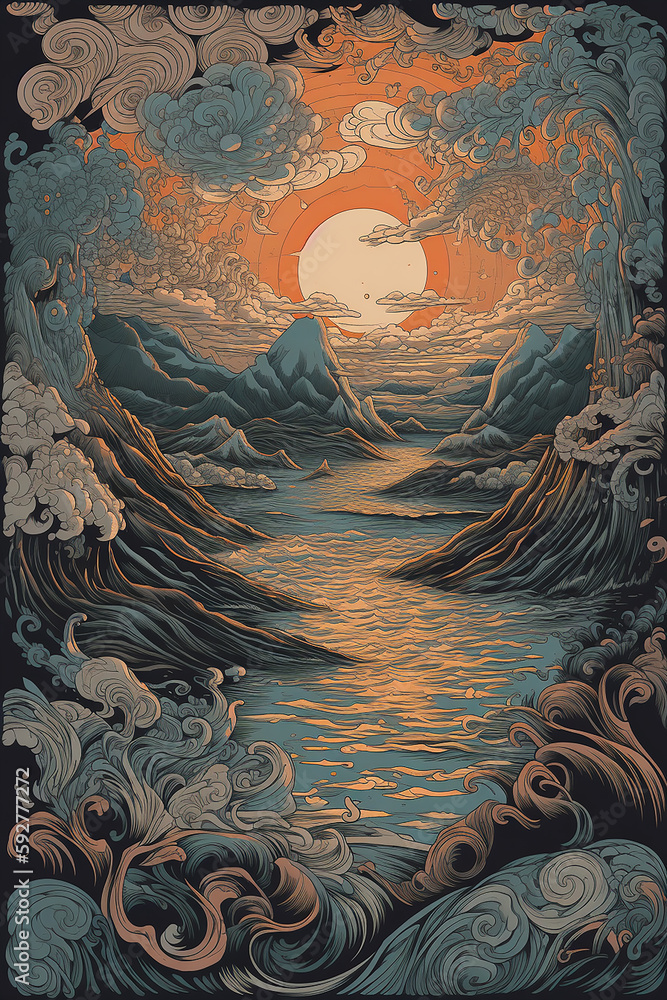 Complete connection with the art of psychedelic poster, with the sky ...