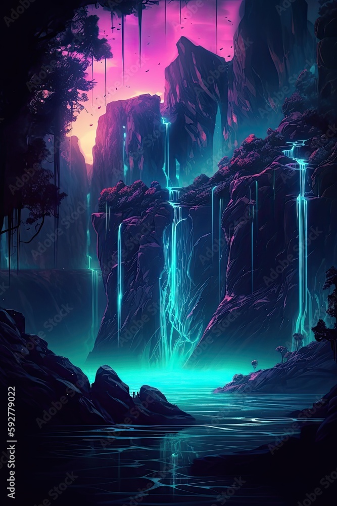 A Magical Night: A Stunning Waterfall Glowing with Bioluminescent ...