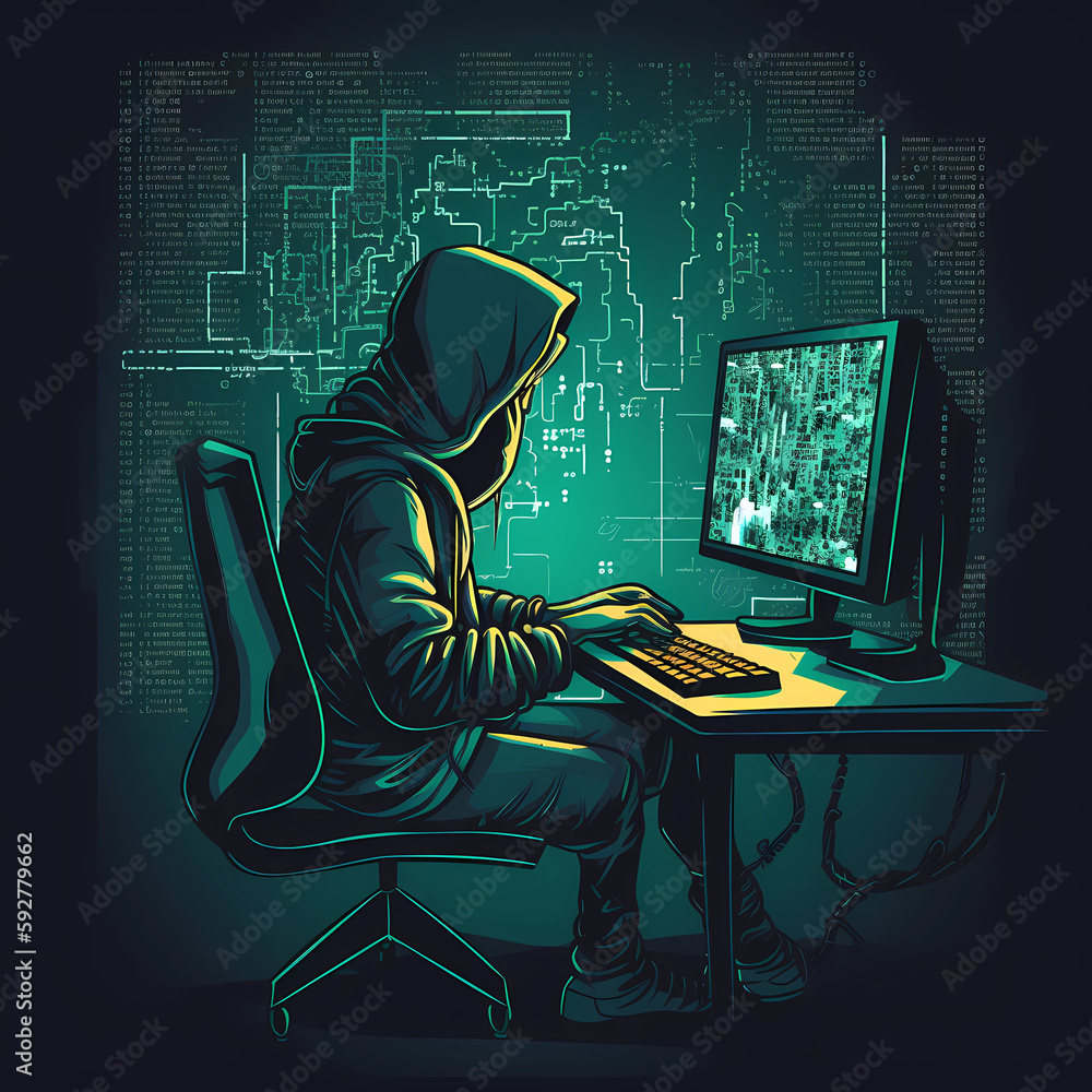 hacker sitting at a computer, typing away, with ominous code scrolling ...