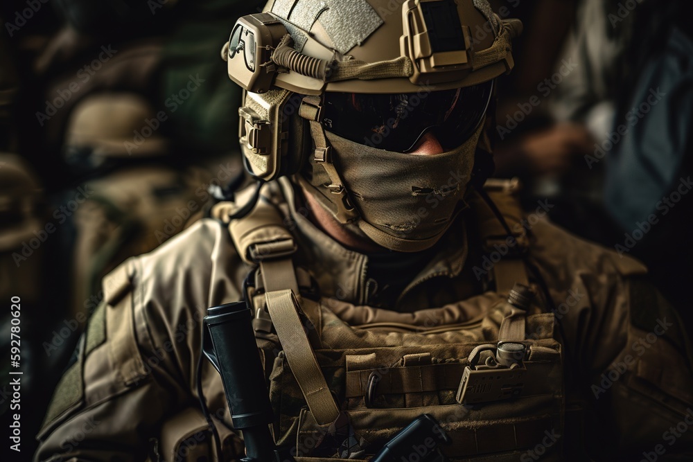 A close-up Special Forces soldier in full tactical gear, including body ...