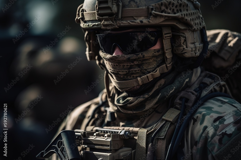 A close-up Special Forces soldier in full tactical gear, including body ...
