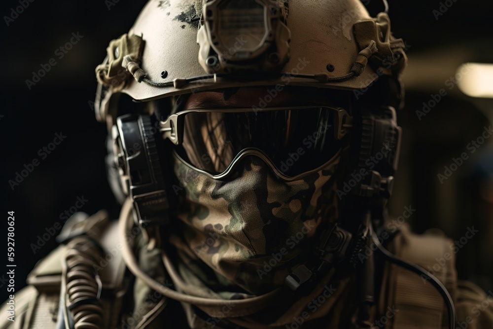 A close-up Special Forces soldier in full tactical gear, including body ...
