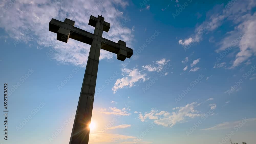 Large stone cross monument on the mountain over Gonio town near Batumi ...