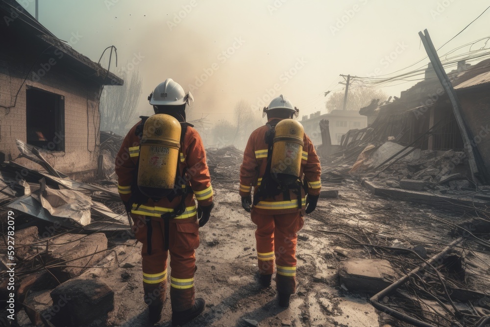 A fireman from the rescue team trying to help people after an ...