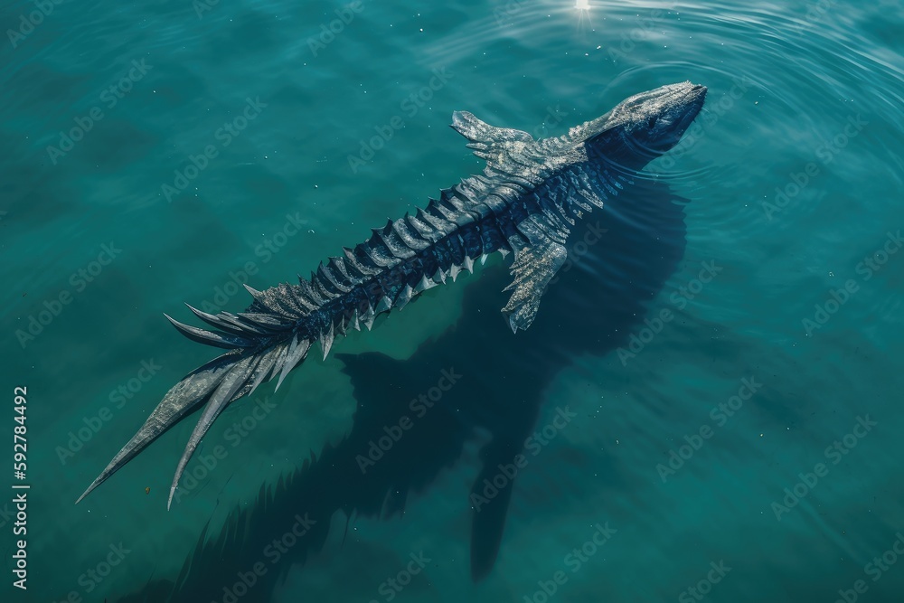 sea monster visible from above the water, with its long body and fins ...