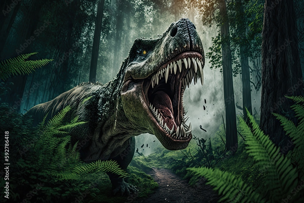 t-rex roaring in the midst of forest, its powerful jaws open, created ...