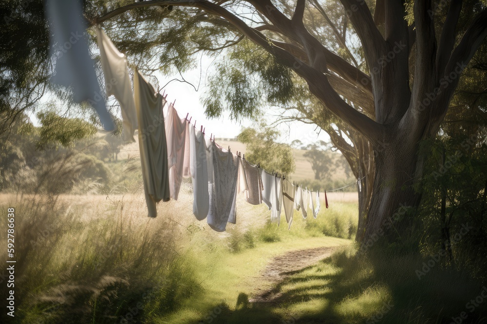 clothesline strung between two trees, with freshly washed garments fluttering in the breeze ...
