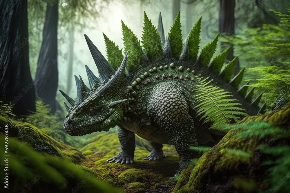 stegosaurus, with its back to the camera, grazing in lush prehistoric ...