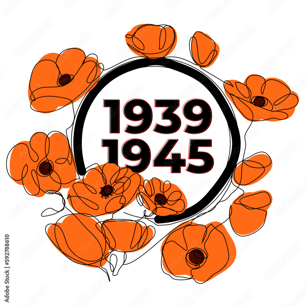 Black frame with red poppies in one line on a white background. Memory ...