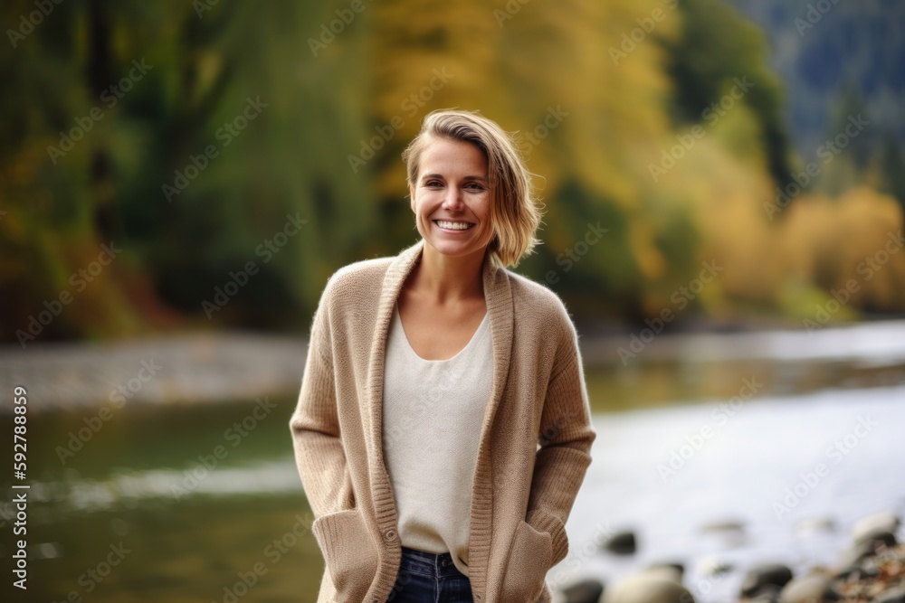 Full-length portrait photography of a grinning woman in her 30s wearing ...