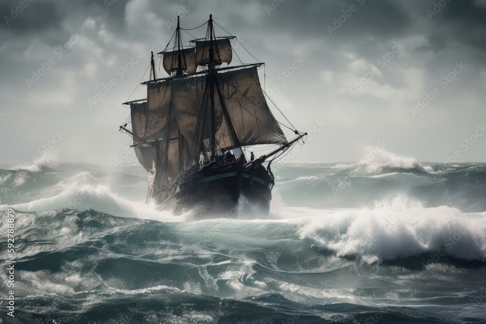 pirate ship breaching, on the open sea, with waves crashing against its ...