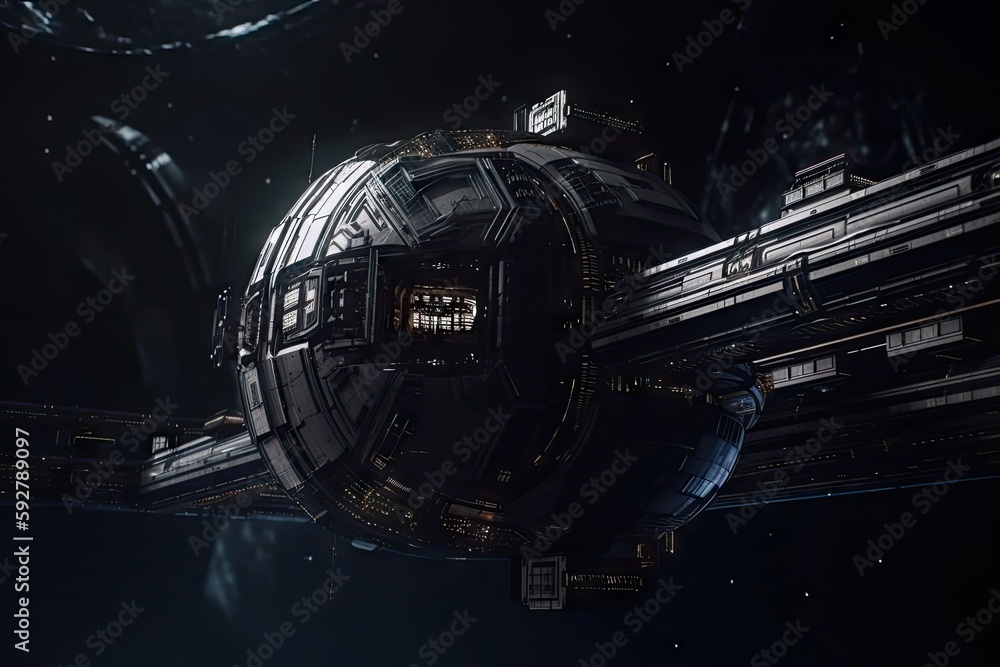 silent, dark and empty futuristic space station, floating in the void ...