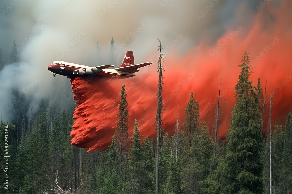 A giant firefighting air tanker plane flying low and releasing a ...