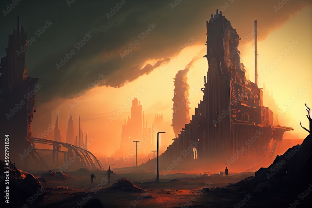 postapocalyptic cityscape with smoldering ruins and smoke rising from ...