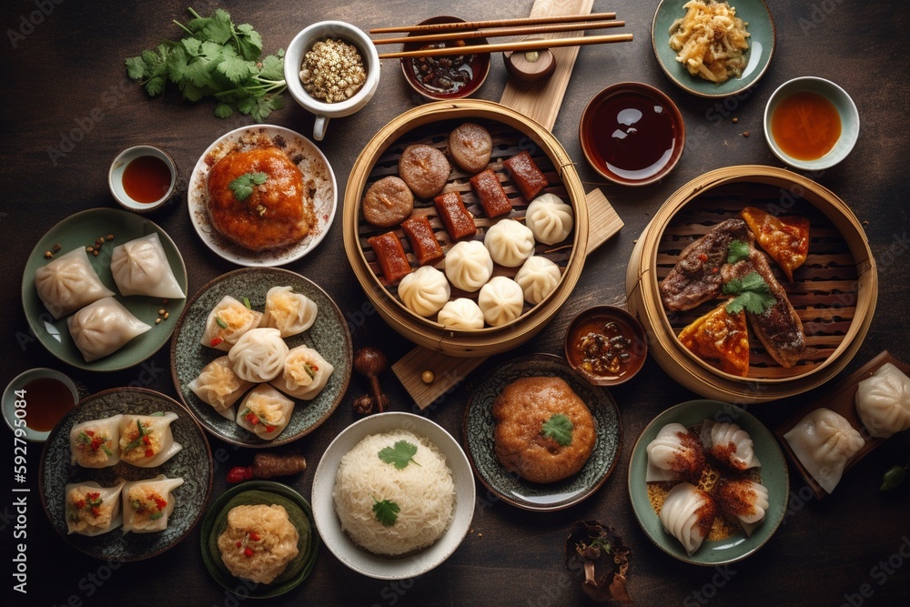 Assorted Chinese food set. Chinese noodles, fried rice, dumplings ...