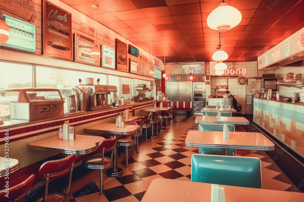 fast food restaurant with retro theme, including vintage signs and ...