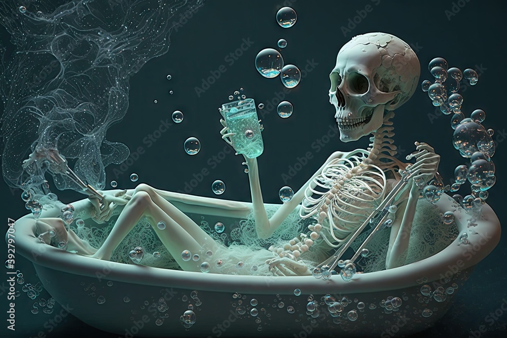 female skeleton lying in tub with bubbles and smoking cigarette skeletons relax, created with ...
