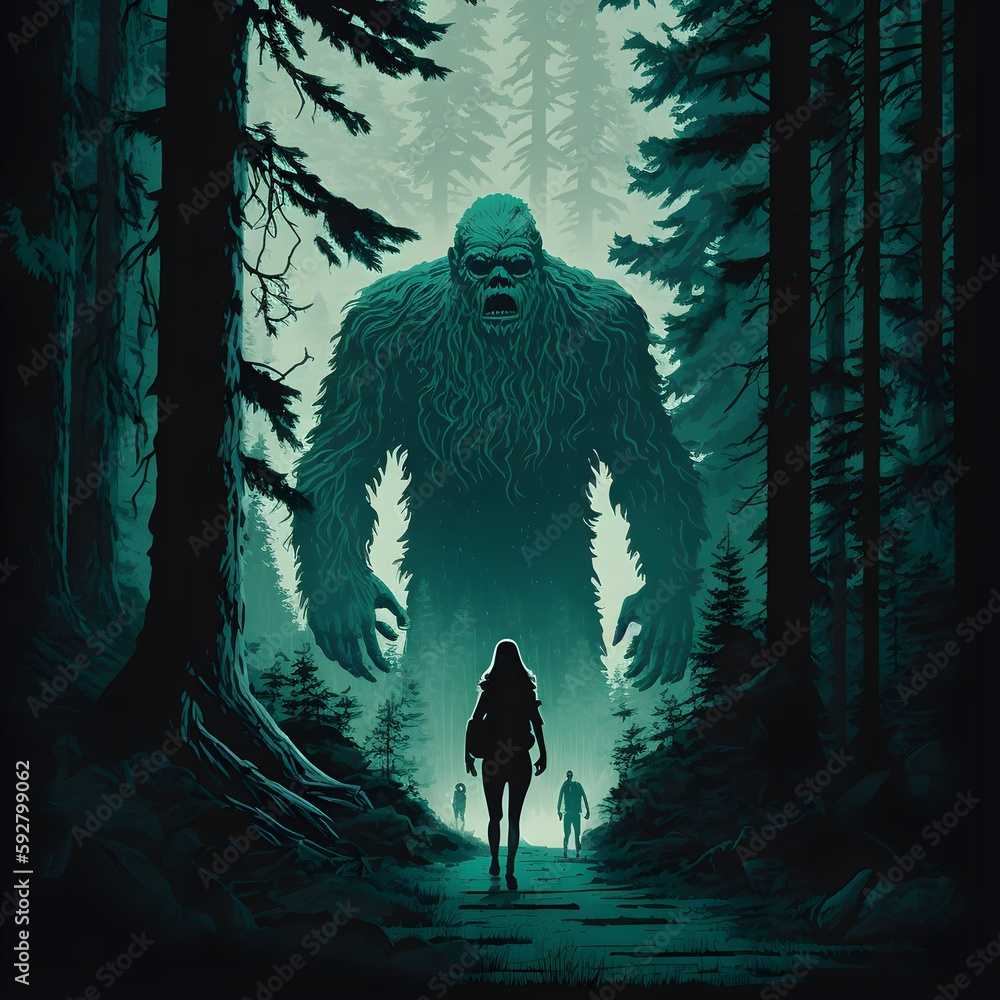 Cryptidcore a man a woman a bigfoot in a forest stalked by a sinister ...