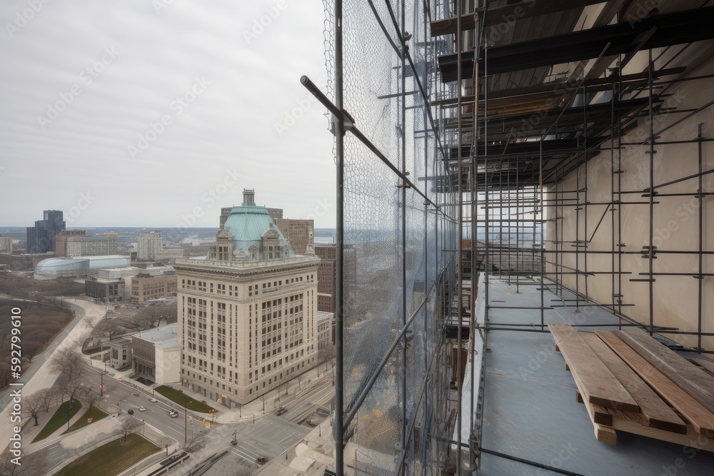 scaffolding on side of historic building, with view of modern cityscape ...