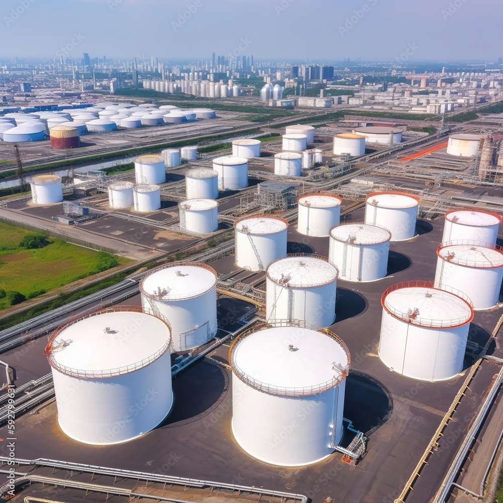 Oil tanks in a factory, Oil refinery plant from industry zone, Aerial ...