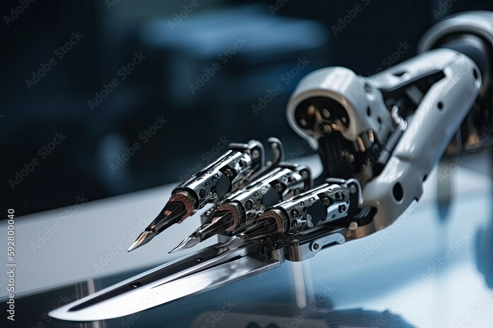 custom robotic hand with forceps and scalpel, ready for medical ...