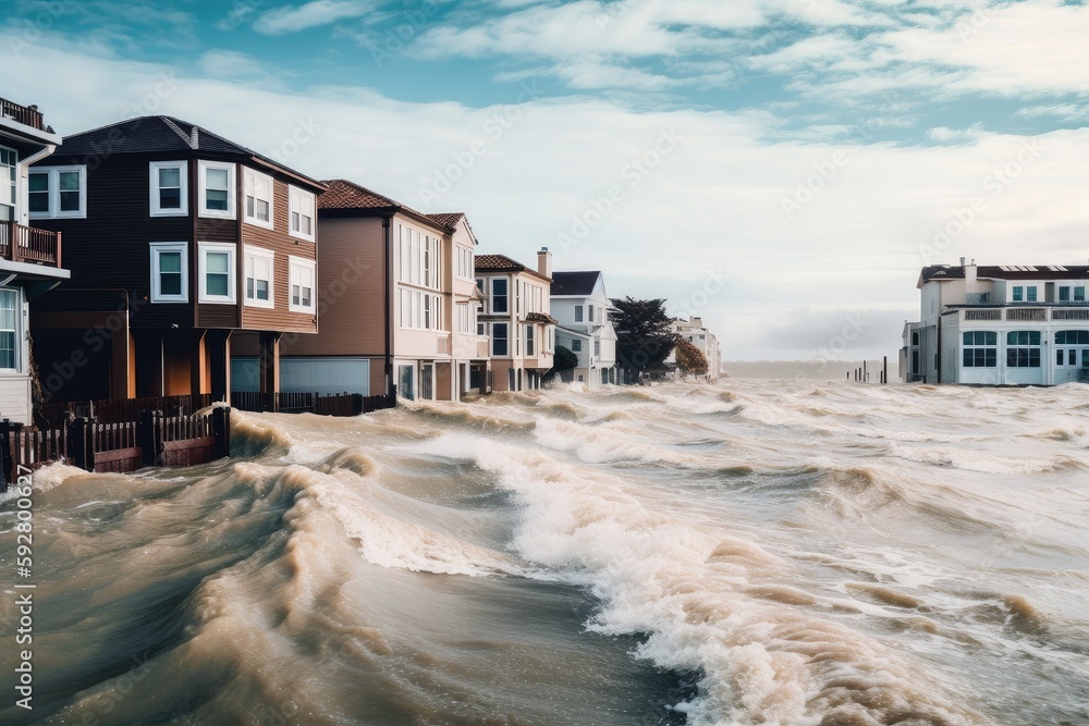 rising sea levels, with flood waters rushing into coastal town, created ...
