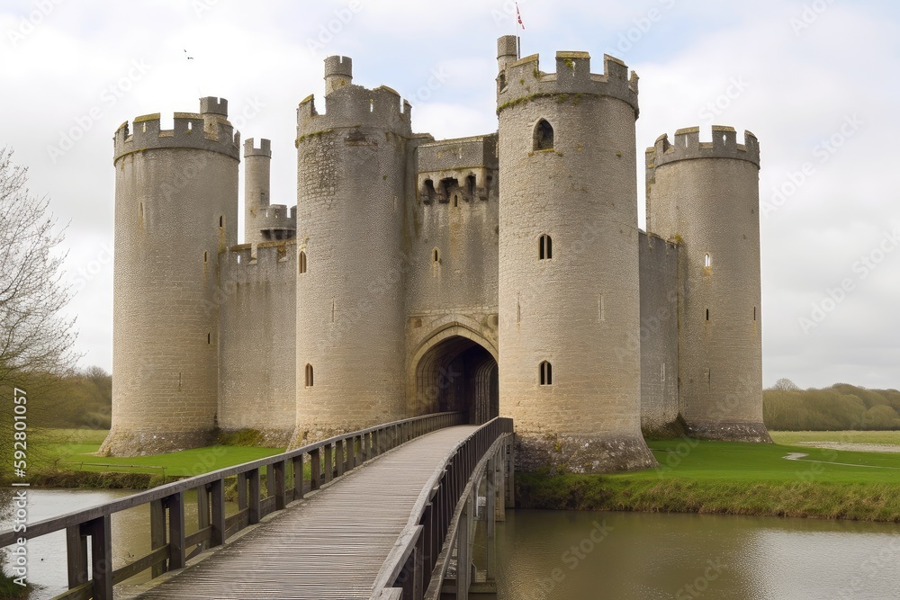 medieval castle, with drawbridge lowered and portcullis raised ...