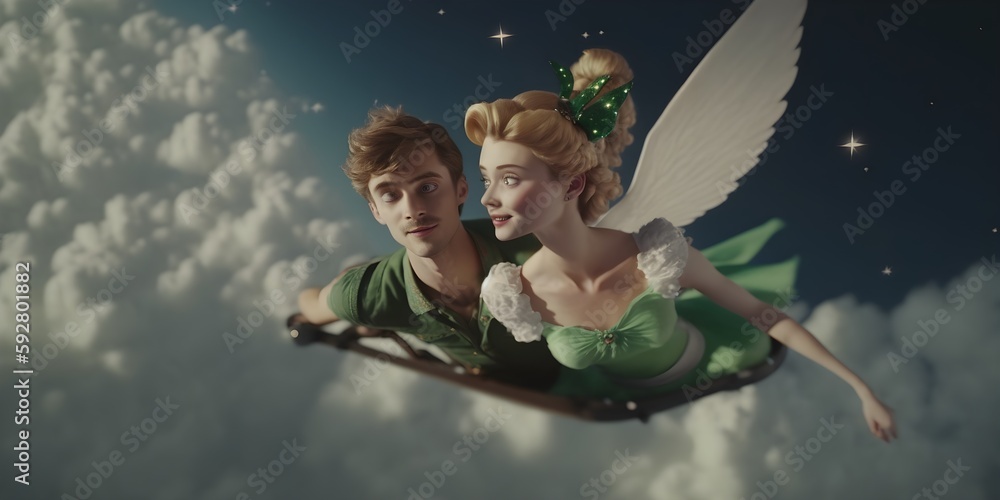 Tinkerbell and Peter Pan flying in the sky realistic shot on DSLR 4k ...