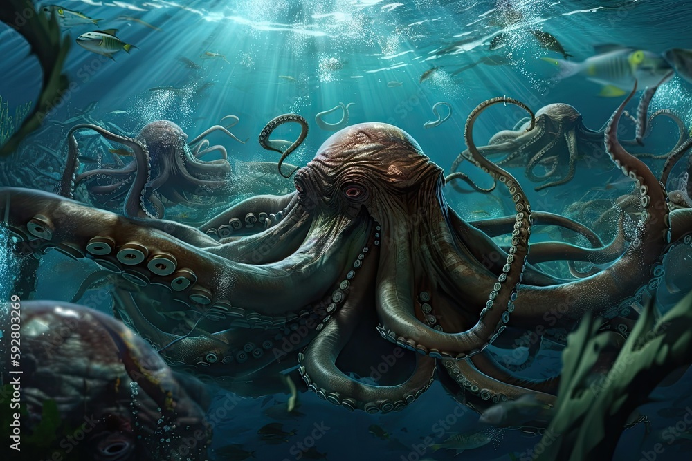 kraken swimming in school of fish, with its tentacles ready to grab any ...