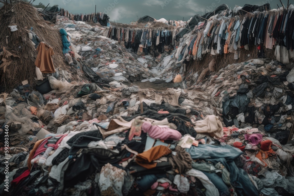 fast-fashion garment in landfill, surrounded by discarded packaging and ...