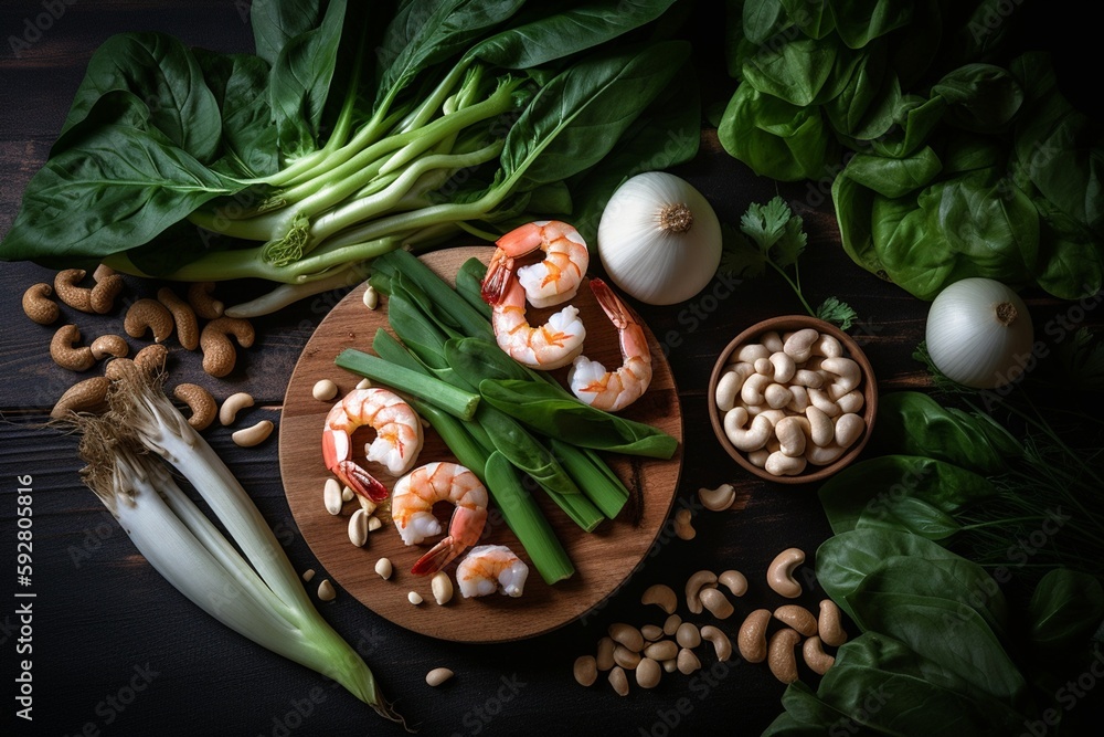 Flying wok ingredients - shrimp, vegetables, pak choi leaves, onions ...
