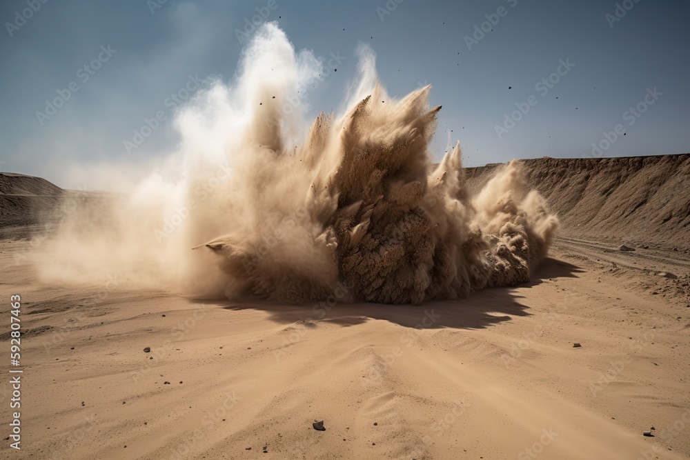 sand explosion, with jet of sand being propelled into the air from ...