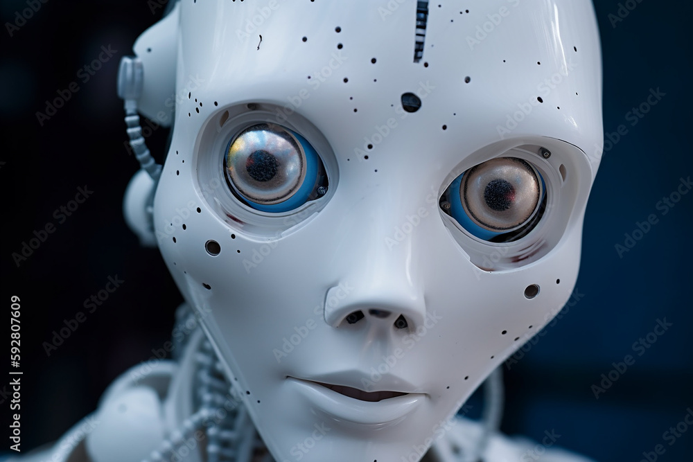 Detailed appearance of the deep green AI robot under white background ...